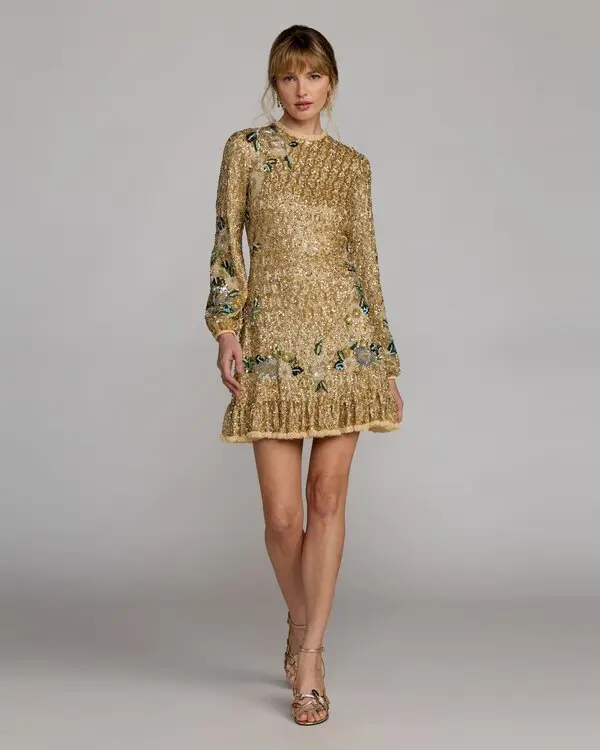 MAC DUGGAL COLLECTION Gold Floral Hand Beaded Long Sleeve Mini Dress