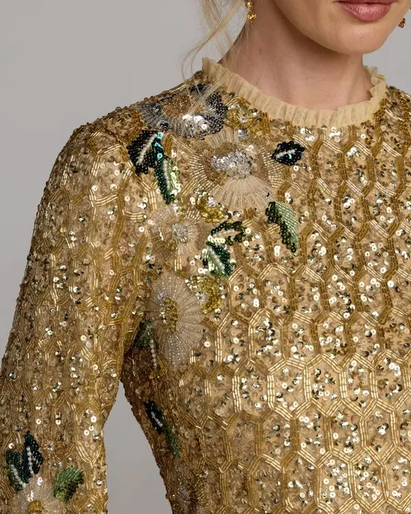 MAC DUGGAL COLLECTION Gold Floral Hand Beaded Long Sleeve Mini Dress