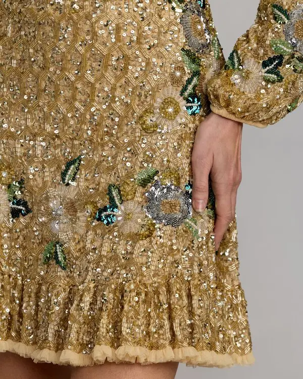 MAC DUGGAL COLLECTION Gold Floral Hand Beaded Long Sleeve Mini Dress