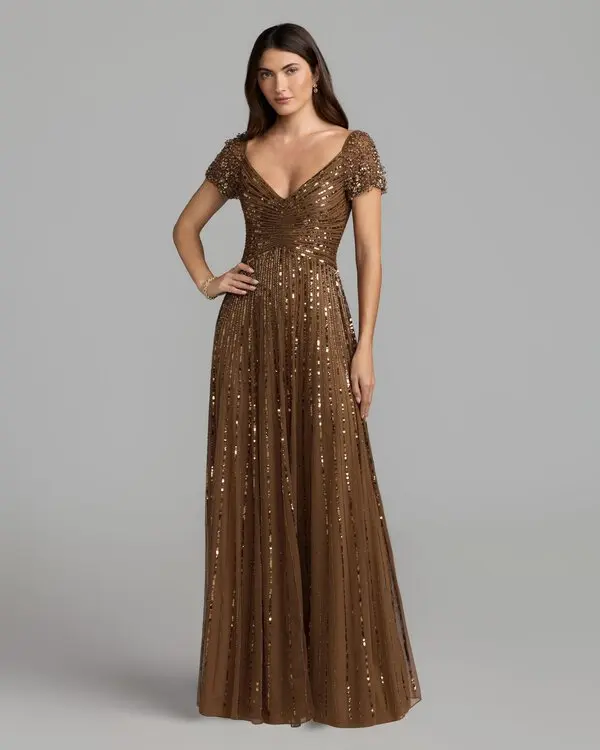 Mac Duggal Sequined Evening Gown With Embellished Shoulders - Brown