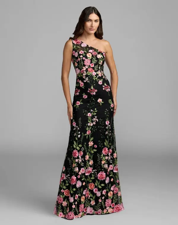 Mac Duggal Petite One Shoulder Floral Embroidered Gown - Black