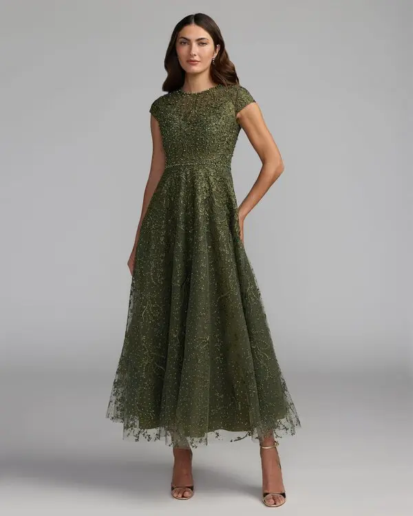 Mac Duggal Deep Embroidered Tulle Midi Dress