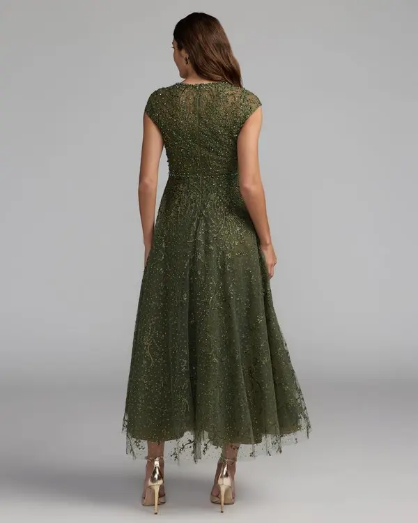 Mac Duggal Deep Embroidered Tulle Midi Dress