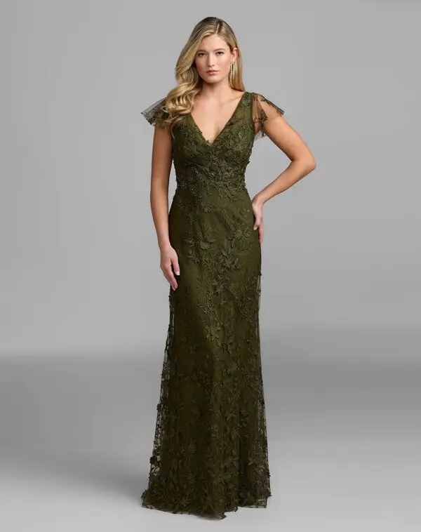 Mac Duggal Petite Olive Embroidered Applique Wrap Over Flutter Sleeve Gown