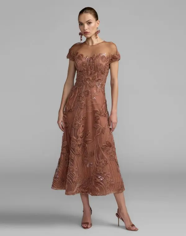 Mac Duggal Embellished Lace Illusion Cocktail Dress - Brown