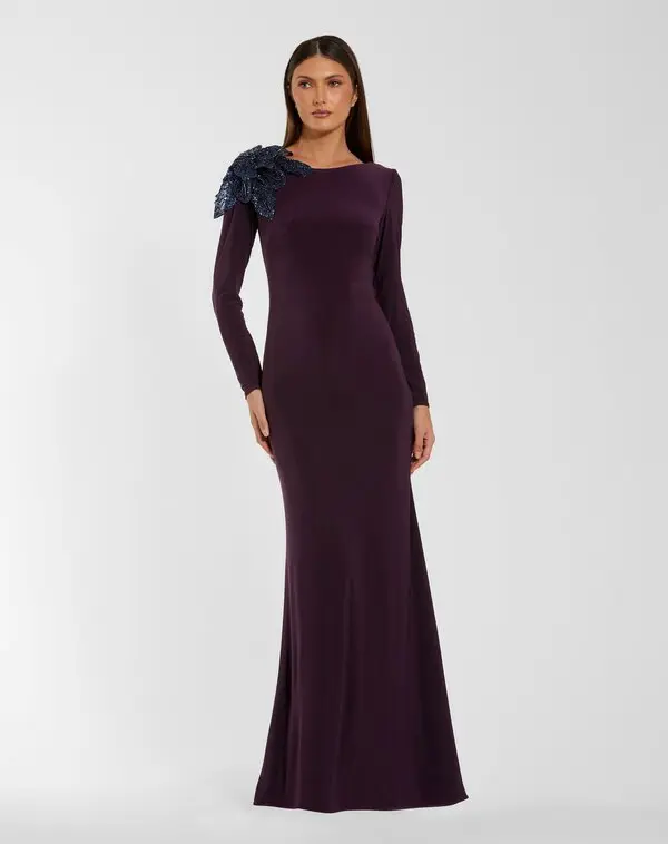 Mac Duggal Purple Long Sleeve Jersey Gown With 3d Flower - Amethyst