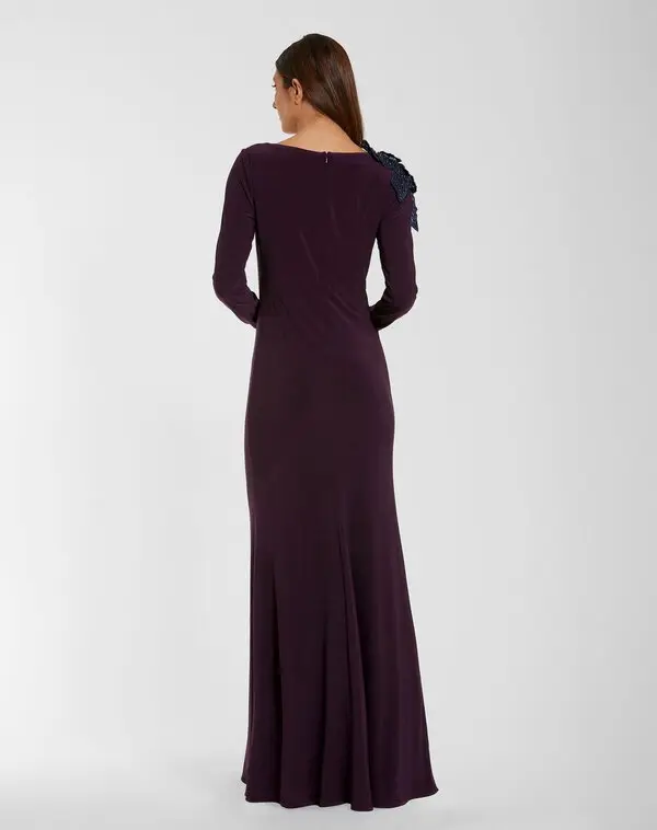 Mac Duggal Purple Long Sleeve Jersey Gown With 3d Flower