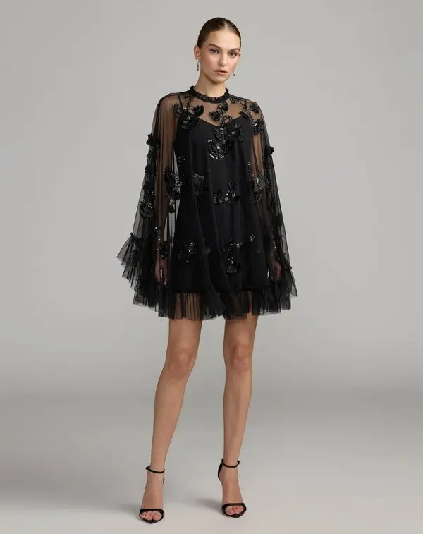 Mac Duggal Embellished Long Sleeve Trapeze Dress With Ruffle Hem - Black