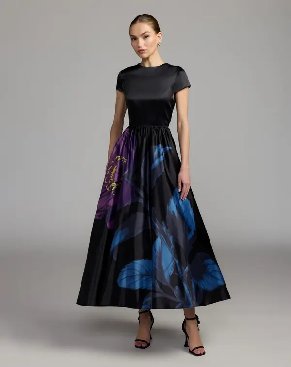 Mac Duggal Black Satin Cap Sleeve Floral Printed A-line Dress - Black Multi