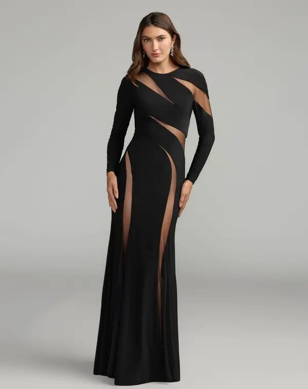 Mac Duggal Jersey Long Sleeve Illusion Cut Out Gown - Black