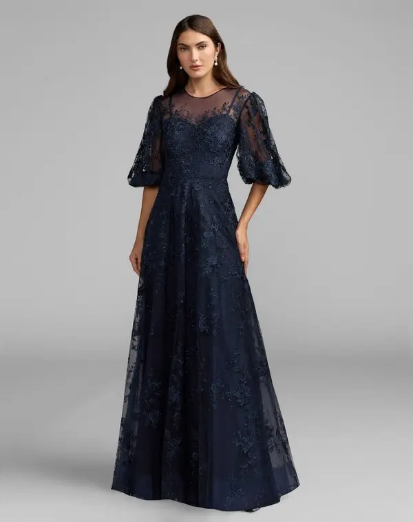 Mac Duggal Navy Embroidered Illusion Neck Puff Sleeve A-line Gown - Midnight