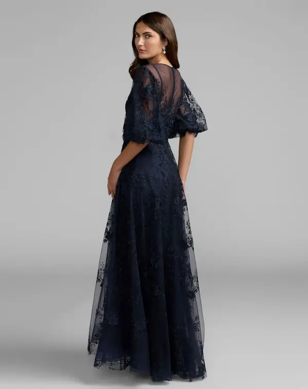 Mac Duggal Navy Embroidered Illusion Neck Puff Sleeve A-line Gown