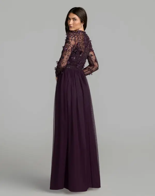 Mac Duggal Embellished Illusion High Neck Long Sleeve Gown