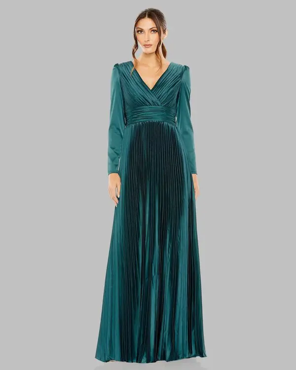 Mac Duggal Teal Pleated Long Sleeve V-neck Gown - Blue