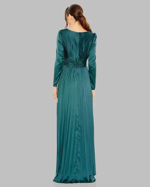 Mac Duggal Teal Pleated Long Sleeve V-neck Gown