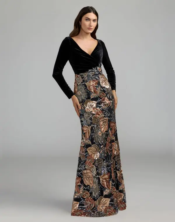 Mac Duggal Black Long Sleeve Floral Embellished Velvet Gown - Black Multi