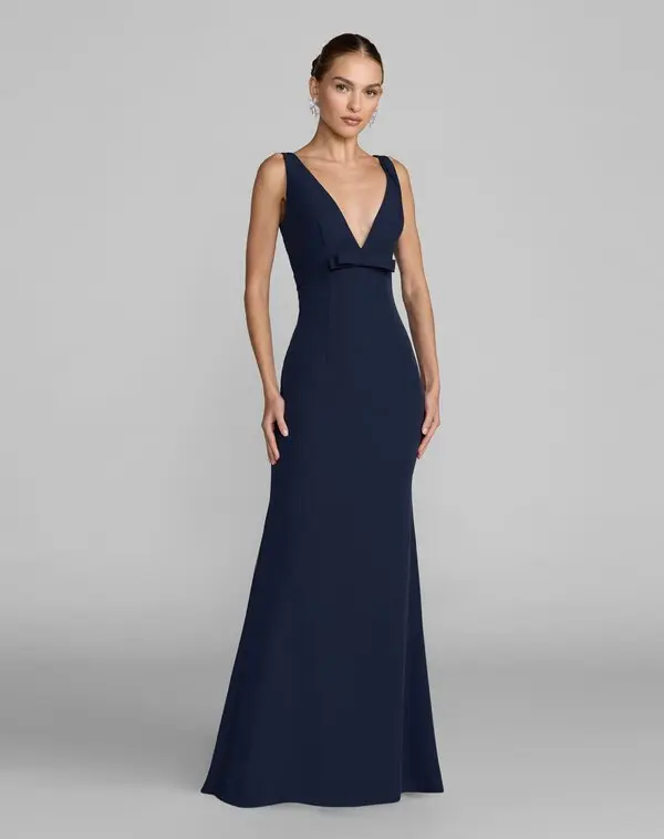 Mac Duggal Sleeveless V Neck Mermaid Gown With Bow - Navy