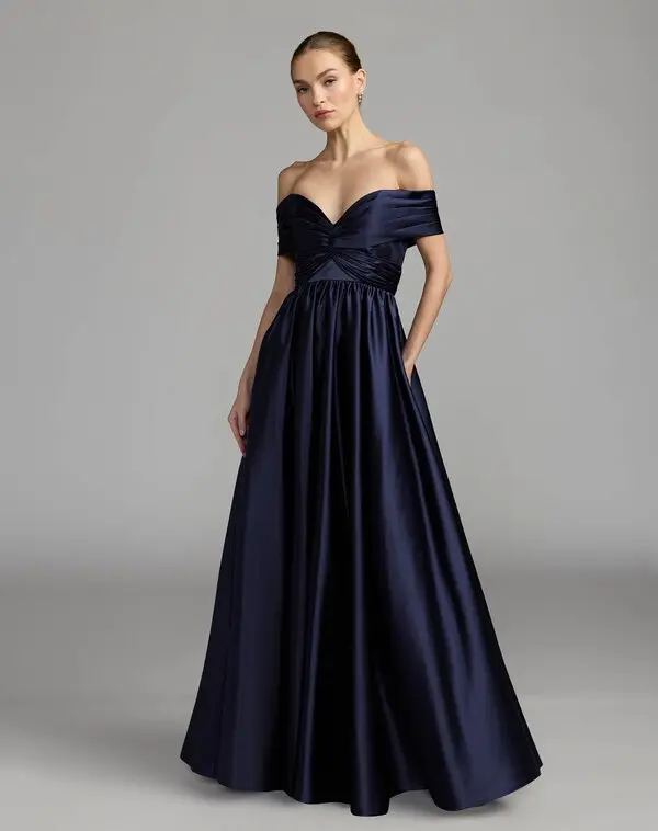 Mac Duggal Satin Off The Shoulder Twist Evening Ball Gown - Navy