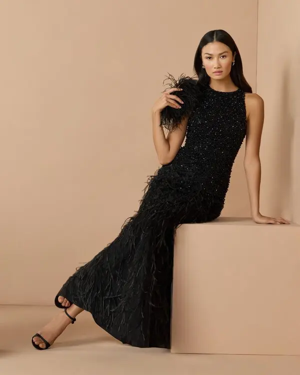 Mac Duggal Embellished Lace Sleeveless Feather Gown - Black