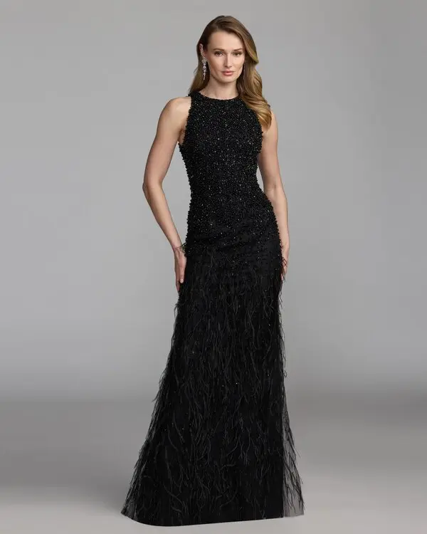 Mac Duggal Embellished Lace Sleeveless Feather Gown
