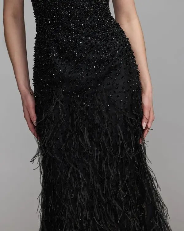 Mac Duggal Embellished Lace Sleeveless Feather Gown