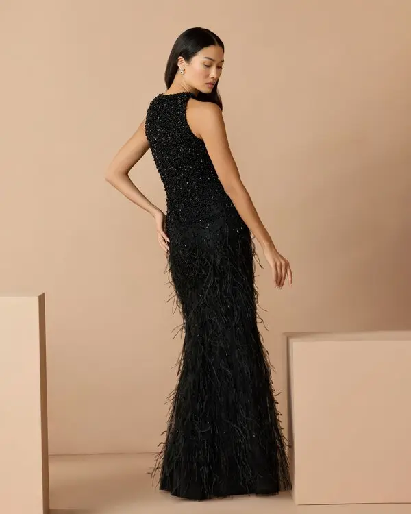 Mac Duggal Embellished Lace Sleeveless Feather Gown
