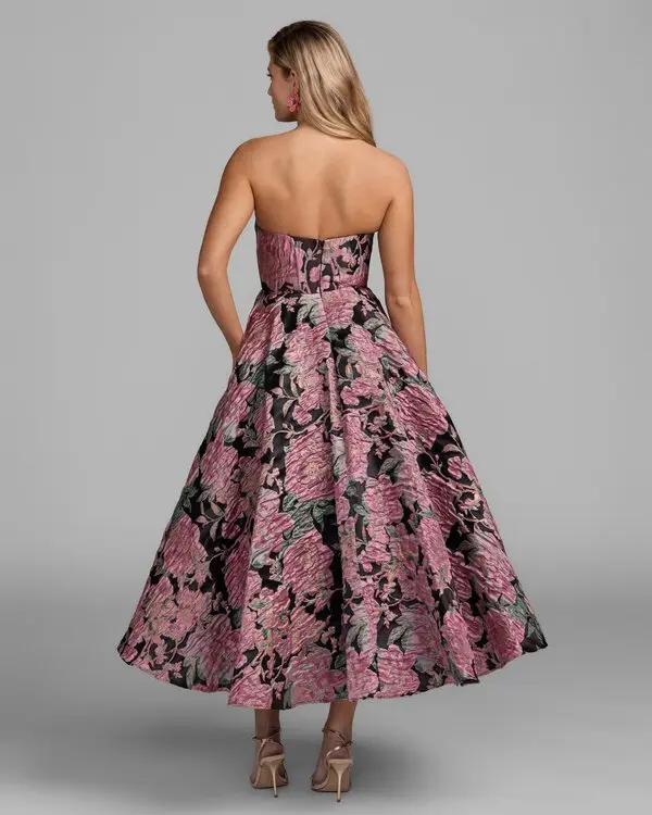 Mac Duggal And Black Strapless Brocade Midi Dress With Pockets