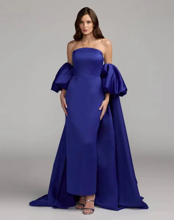 Mac Duggal Strapless Puff Sleeve Satin Gown With Cape - Cobalt