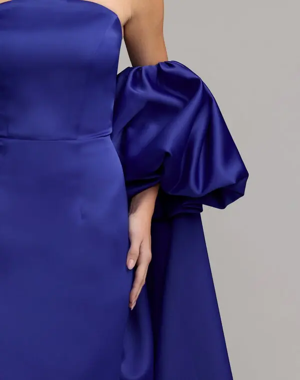 Mac Duggal Strapless Puff Sleeve Satin Gown With Cape