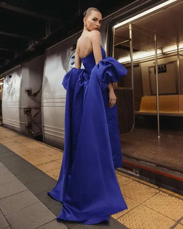 Mac Duggal Strapless Puff Sleeve Satin Gown With Cape