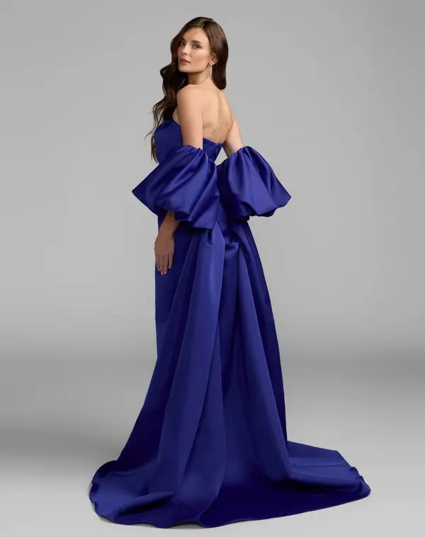 Mac Duggal Strapless Puff Sleeve Satin Gown With Cape