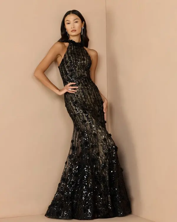 MAC DUGGAL COLLECTION Embellished Lace Halter Neck Mermaid Gown - Black
