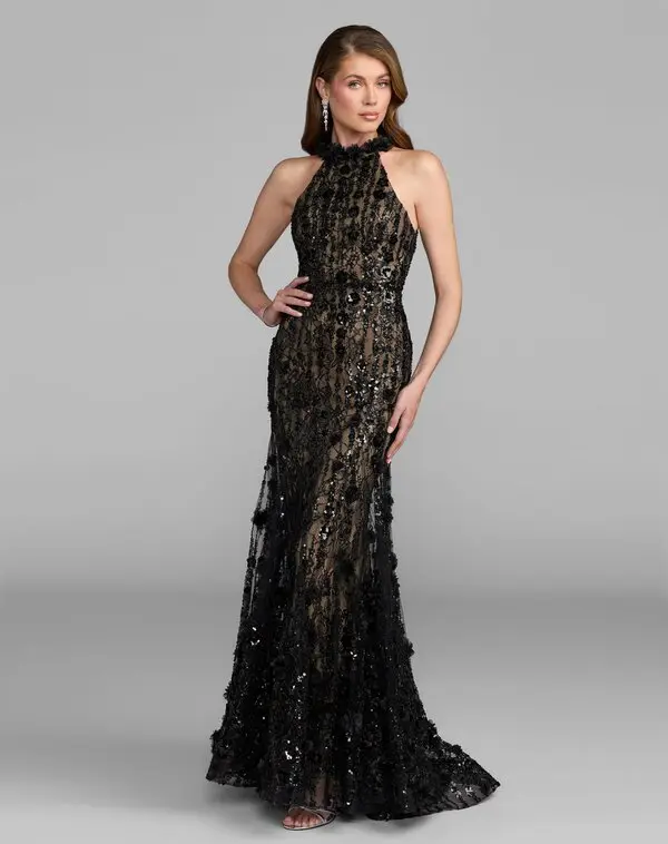 MAC DUGGAL COLLECTION Embellished Lace Halter Neck Mermaid Gown