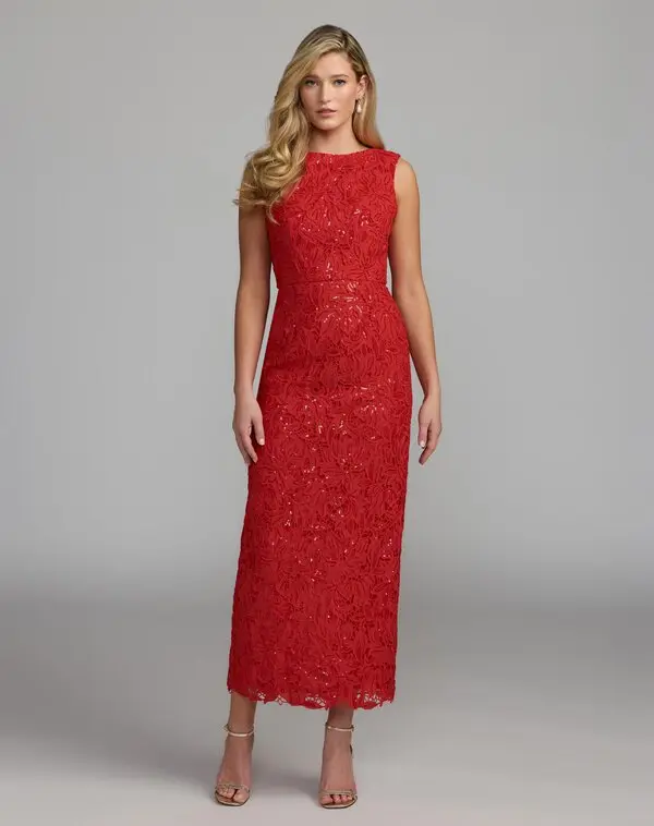 Mac Duggal Sleeveless Embroide Lace Midi Dress - Red