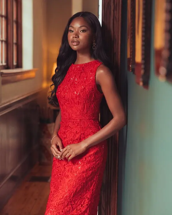 Mac Duggal Sleeveless Embroide Lace Midi Dress