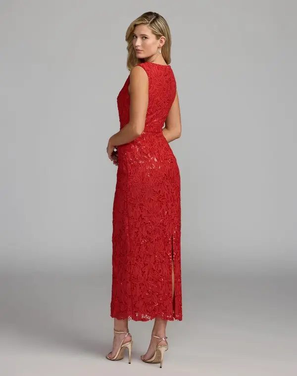 Mac Duggal Sleeveless Embroide Lace Midi Dress