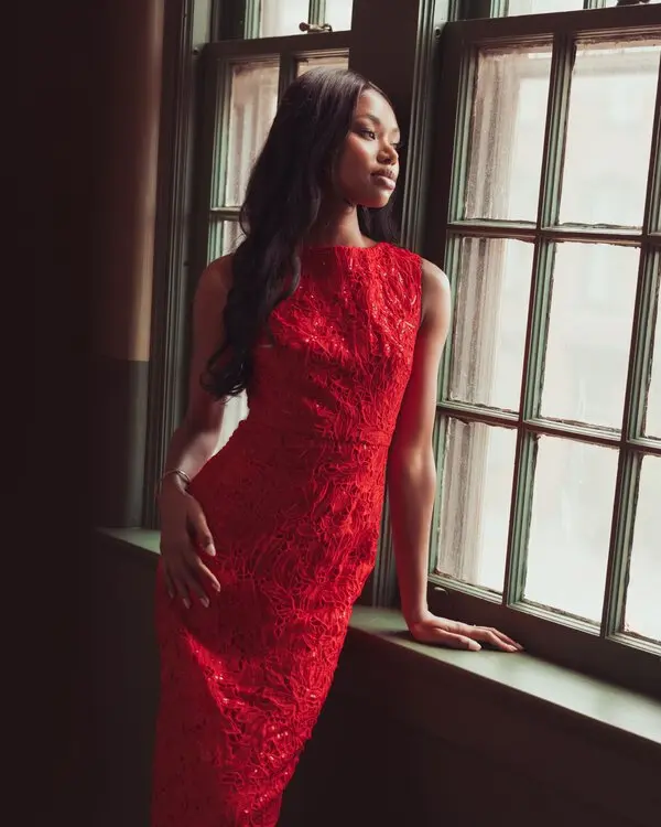 Mac Duggal Sleeveless Embroide Lace Midi Dress