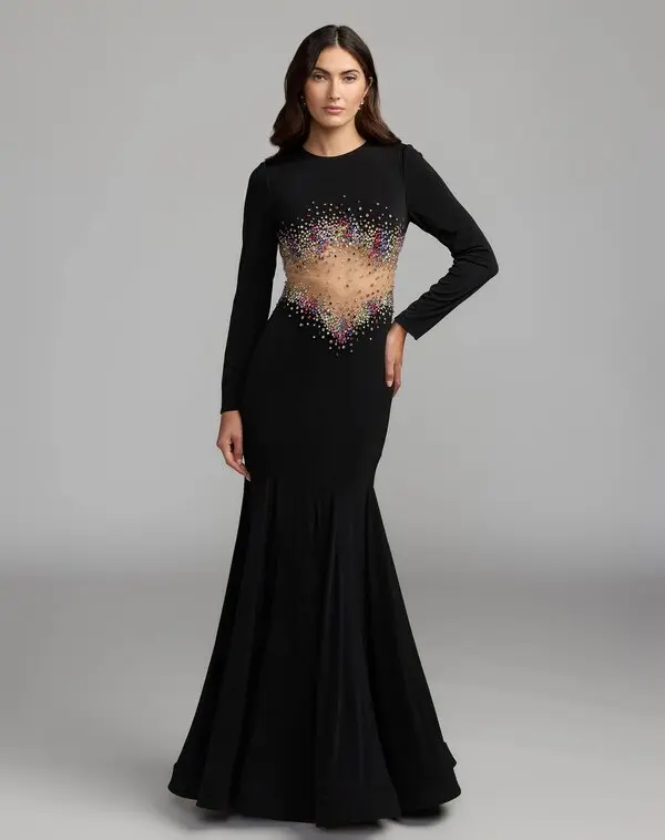 Mac Duggal Crystal Embellished Illusion Jersey Gown - Black