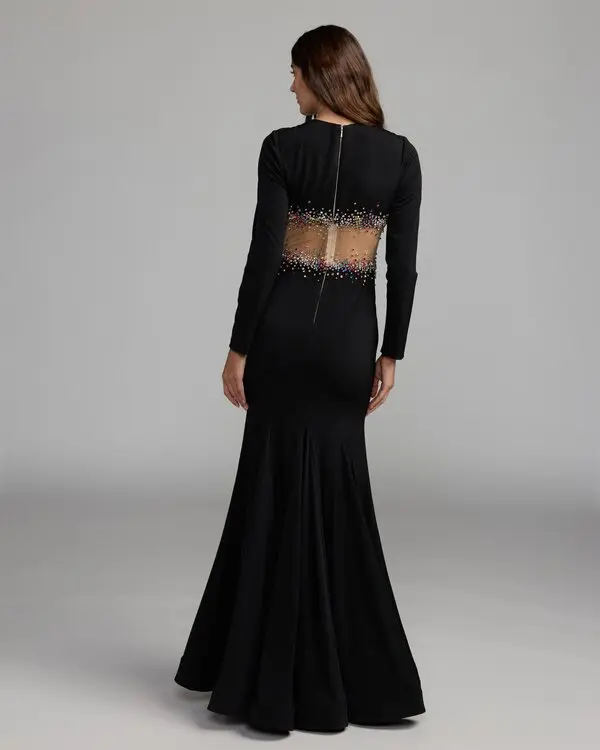 Mac Duggal Crystal Embellished Illusion Jersey Gown