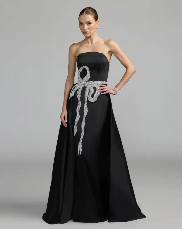 Mac Duggal Strapless Embellished Satin Gown With Overskirt - Black