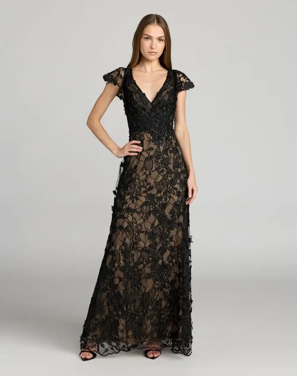 Mac Duggal Embroidered Applique Wrap Over Flutter Sleeve Gown - Black