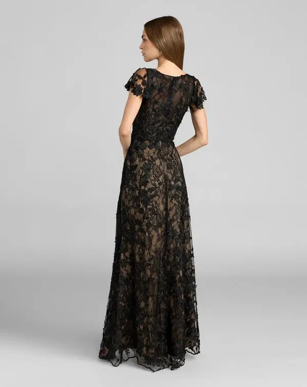 Mac Duggal Embroidered Applique Wrap Over Flutter Sleeve Gown