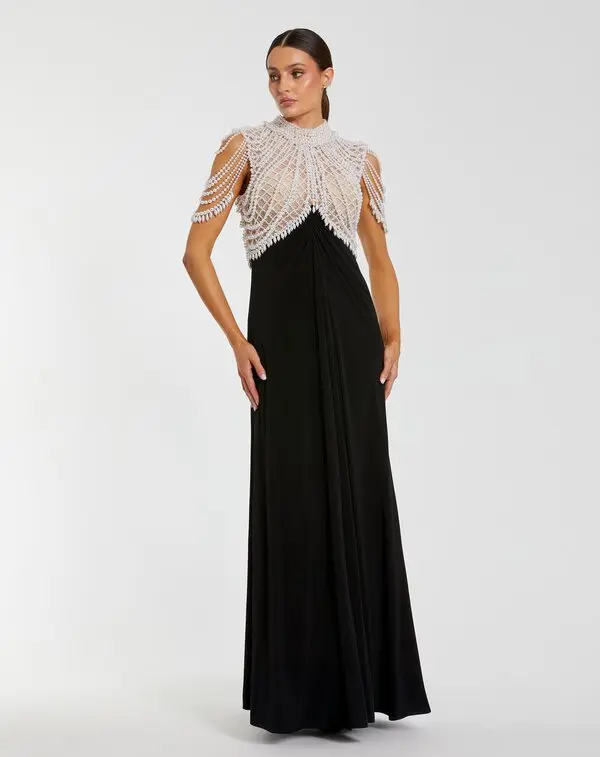 Mac Duggal Jersey Gown With Draped Pearl Beading