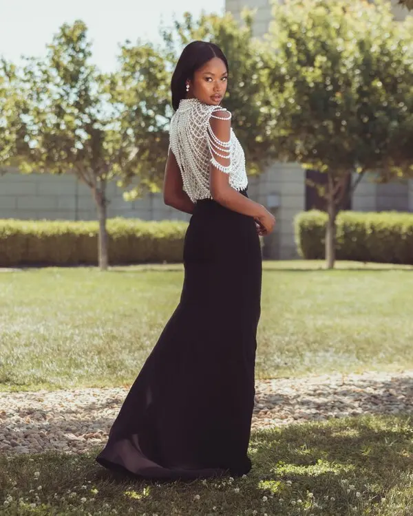 Mac Duggal Jersey Gown With Draped Pearl Beading