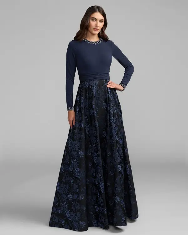 Mac Duggal Navy Floral Brocade A-line Gown With Pockets - Midnight