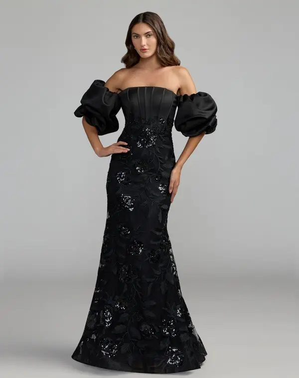 Mac Duggal Satin Off The Shoulder Embroidered Mermaid Gown - Black