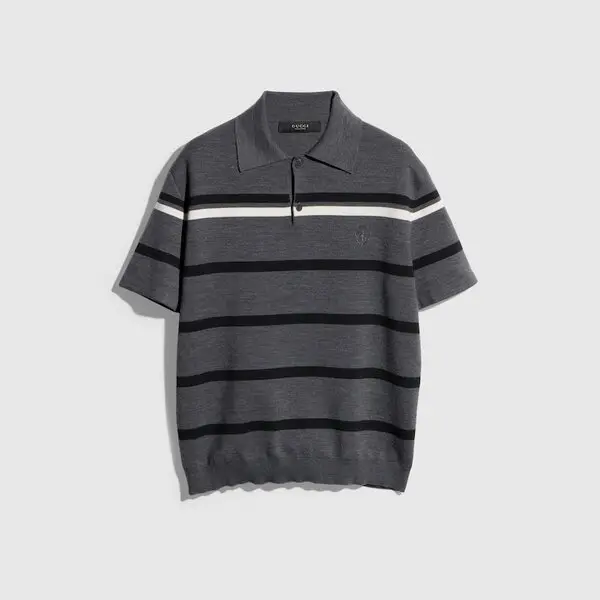 Gucci Striped Wool Polo Shirt With Embroidery - Grey
