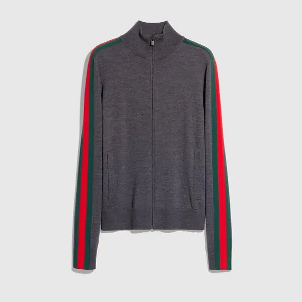 Gucci Fine Wool Zip Jacket With Web - Grey