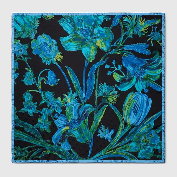 Gucci Floral Double G Silk Twill Carr - Blue