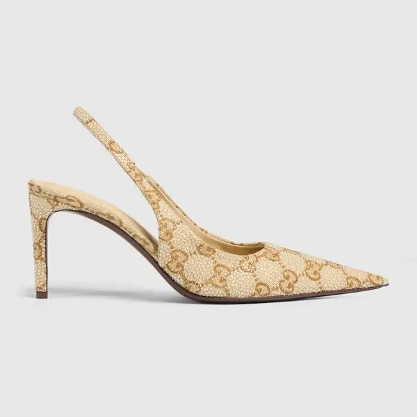 Gucci Donna Crystal Slingback Pump Gg Canvas - Beige